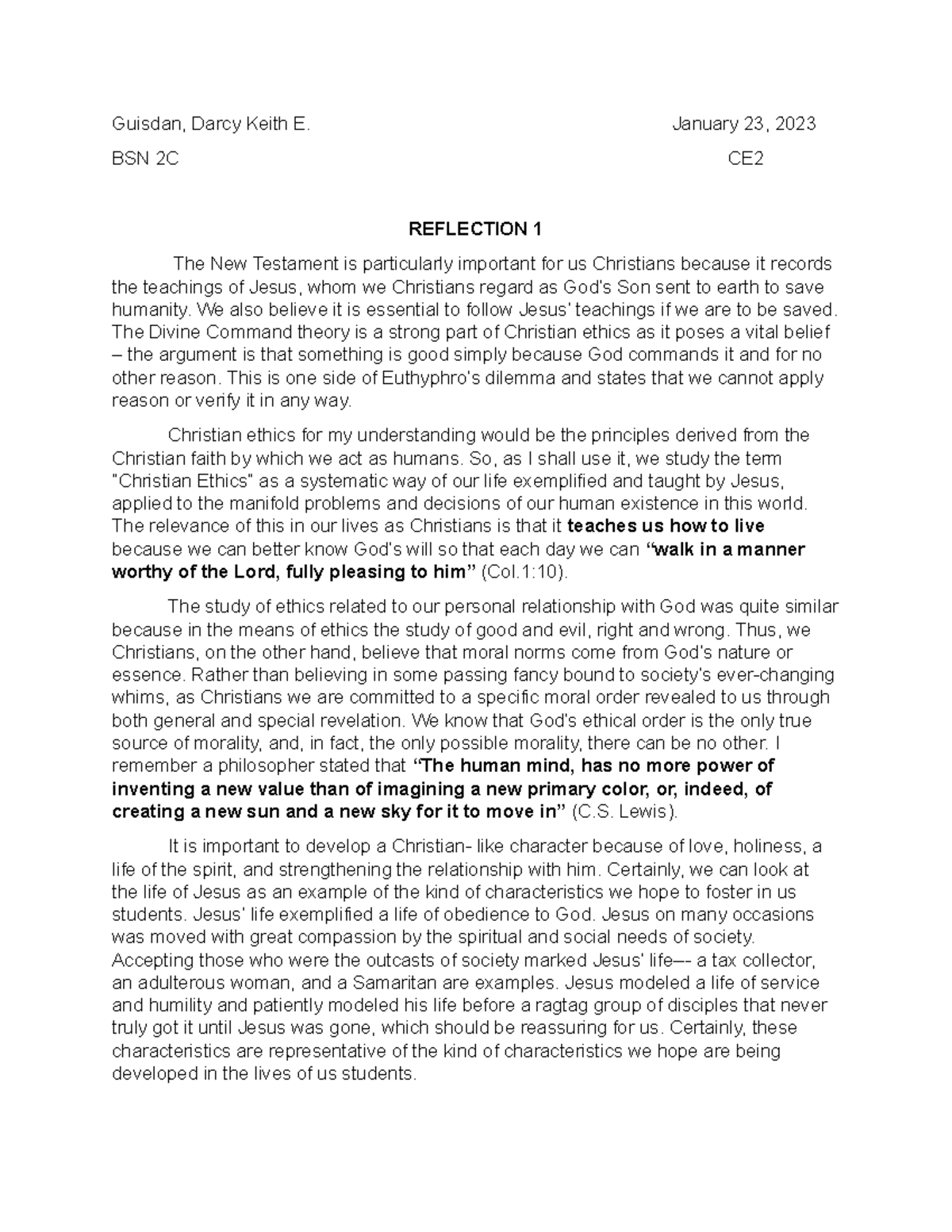 CE2 (Guisdan) REF1 - Essay - Guisdan, Darcy Keith E. January 23, 2023 BSN 2C CE REFLECTION 1 The ...