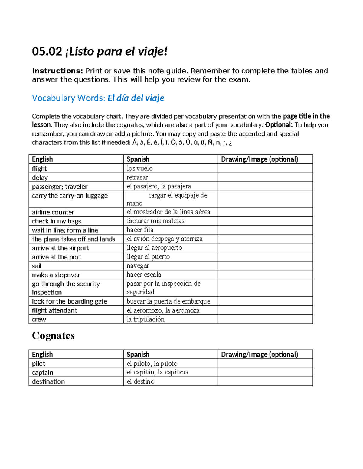 05 02 notes Complete - 05 ¡Listo para el viaje! Instructions: Print or ...