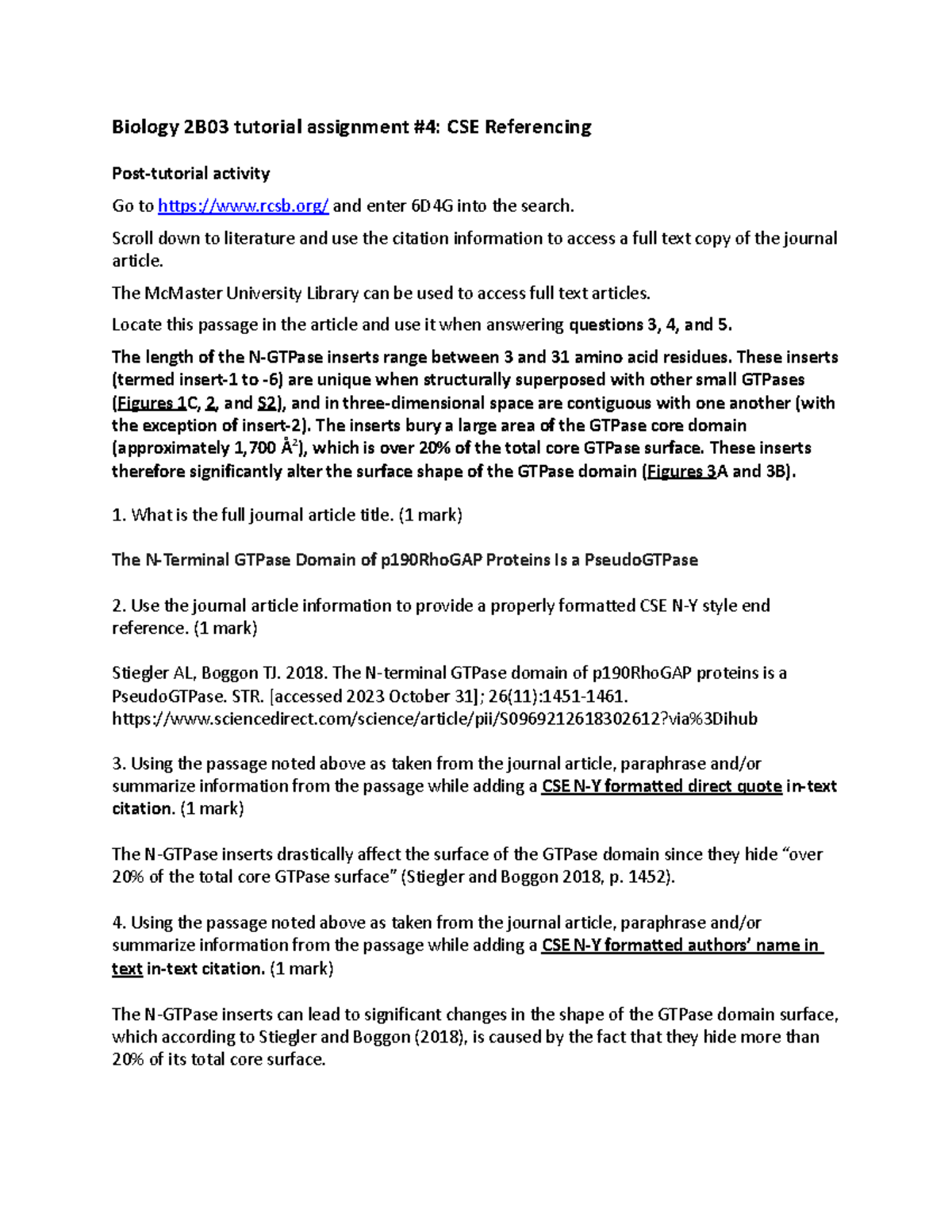 Tutorial Assignment 4 - CSE referencing - Biology 2B03 tutorial assignment #4: CSE Referencing ...