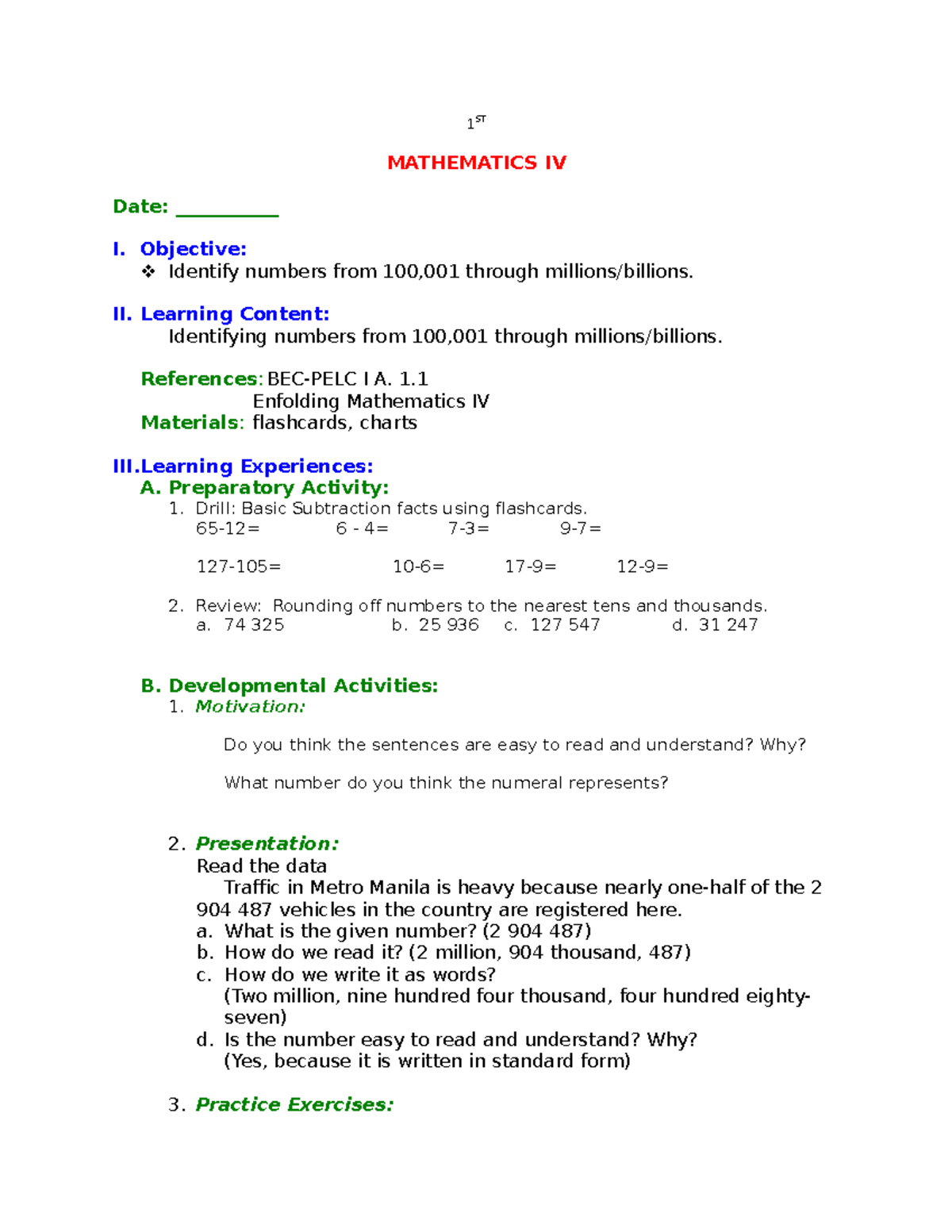 Grade 4 DLP 1st Quarter Math - 1 ST MATHEMATICS IV Date: ___________ I ...