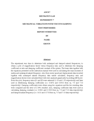 Free Vibration - Lab report - AM 317 MECHANICS LAB EXPERIMENT 8 FREE ...