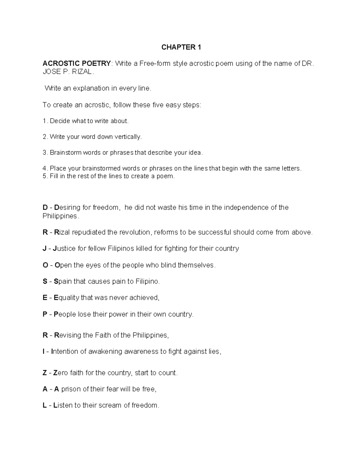 Activity 1 - CHAPTER 1 ACROSTIC POETRY: Write a Free-form style ...