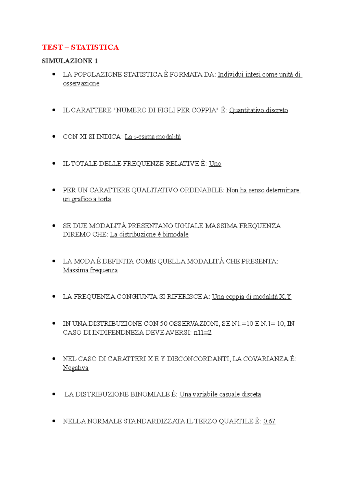 Risposte Esame Statistica - TEST – STATISTICA SIMULAZIONE 1 LA ...