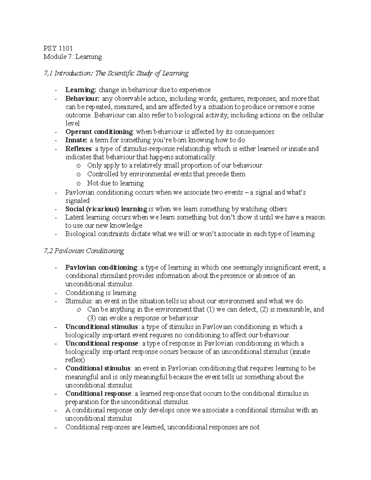 PSY 1101 Module 7 Notes - PSY 1101 Module 7: Learning 7,1 Introduction ...