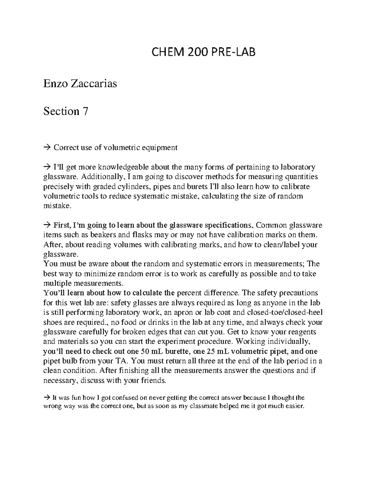 CHEM 200 PRE-LAB 1 - lab 1 - CHEM 200 PRE-LAB Enzo Zaccarias Section 7 → Correct use of ...