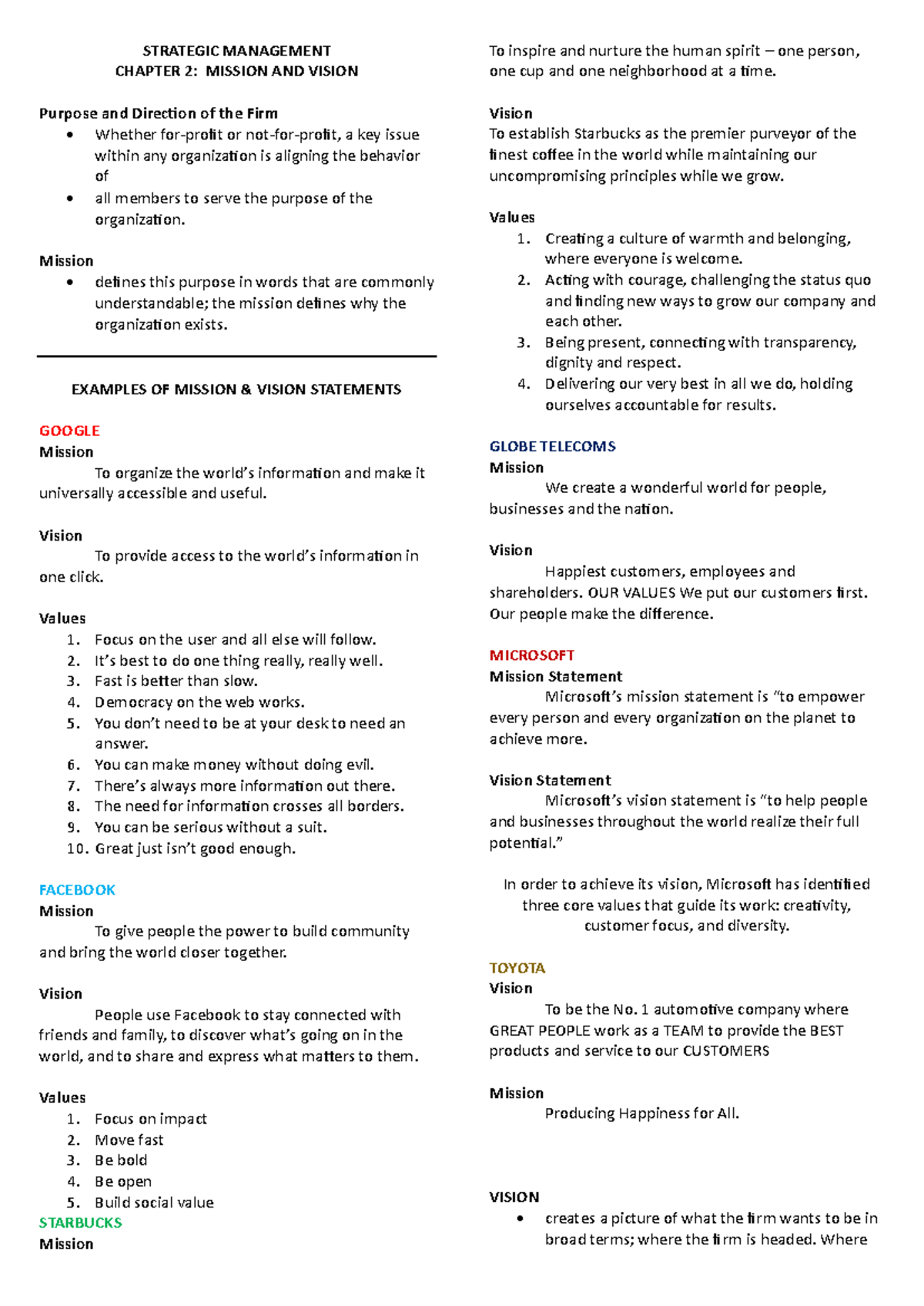 CBME 2 - Chapter 2&4 - notes - STRATEGIC MANAGEMENT CHAPTER 2: MISSION ...