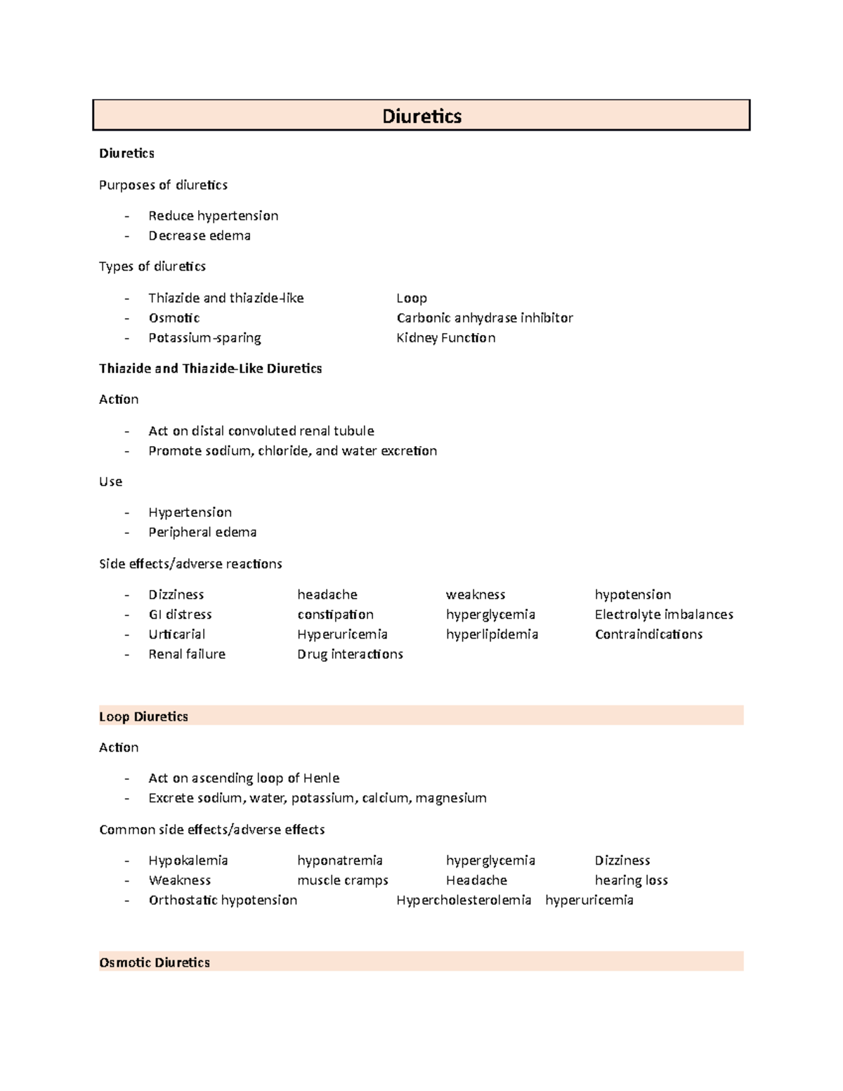 Pharm- Diuretics - Diuretics Diuretics Purposes of diuretics - Reduce ...