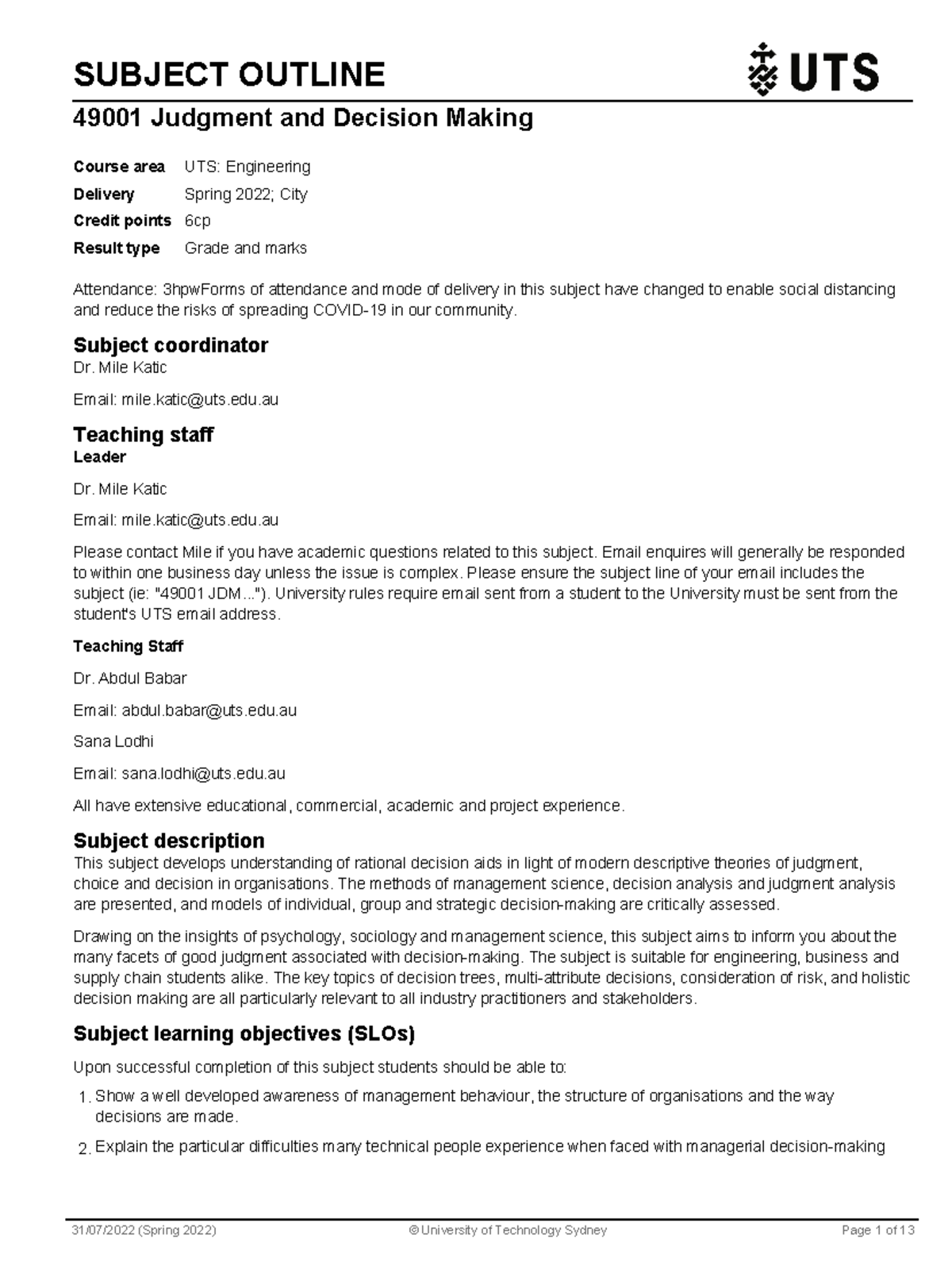 Sub outline - SUBJECT OUTLINE 49001 Judgment and Decision Making ...