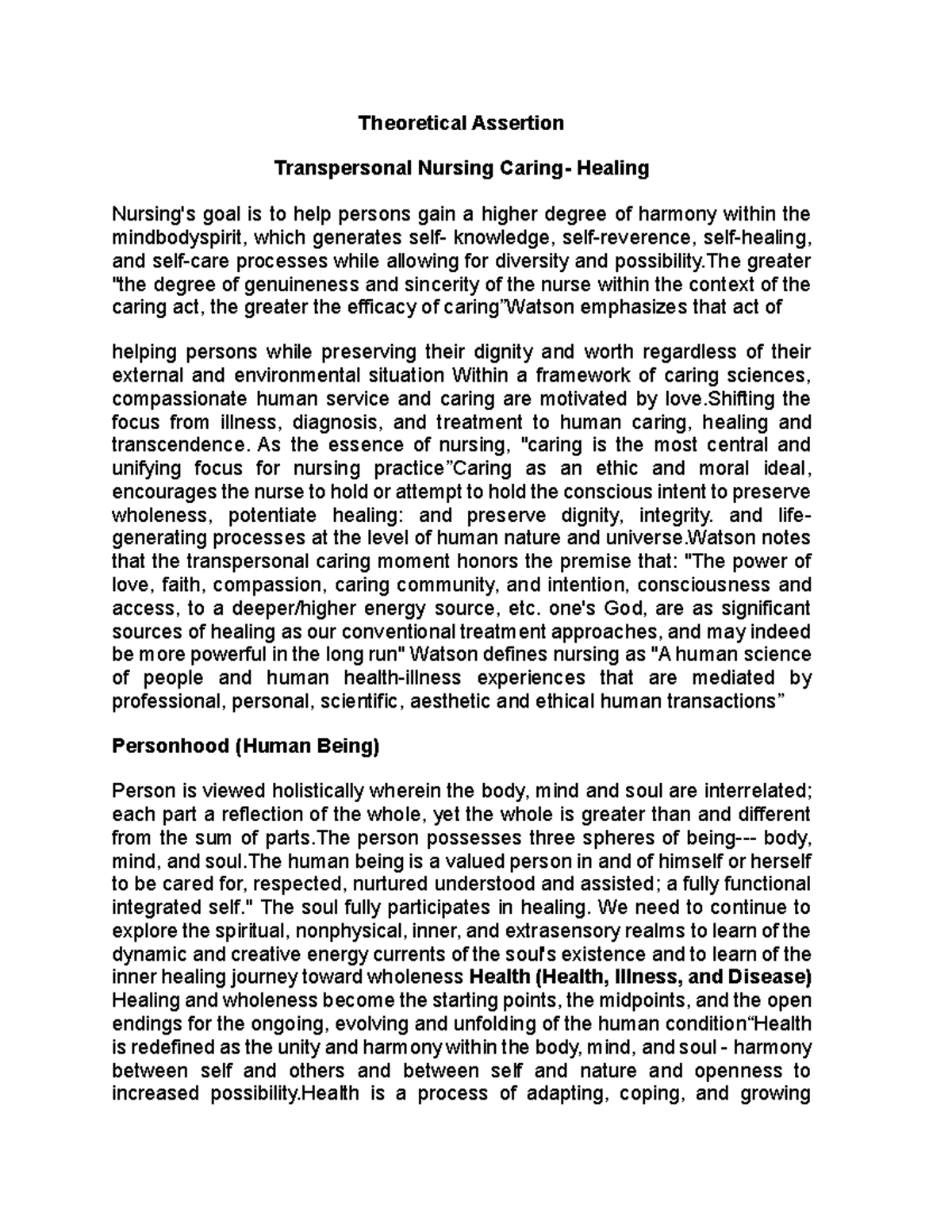Theoretical Assertion - Theoretical Assertion Transpersonal Nursing ...