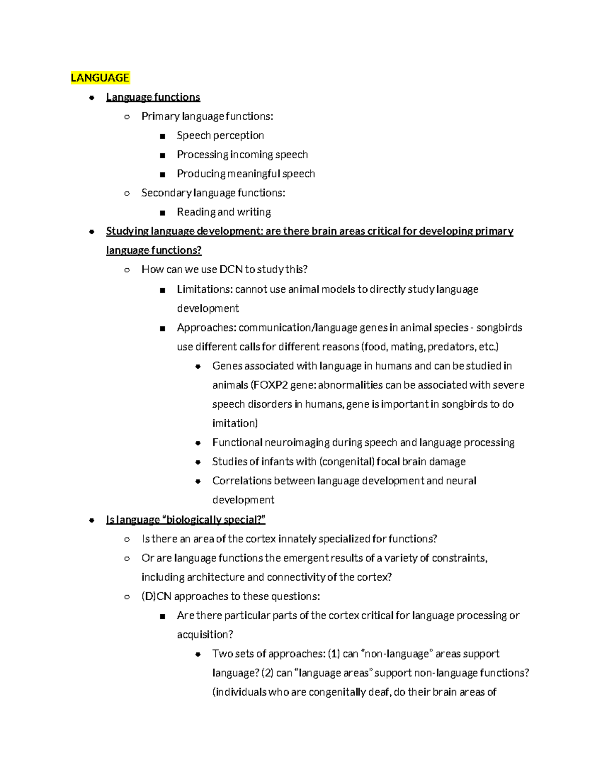Developmental neuro exam 3 notes - LANGUAGE Language functions Primary ...