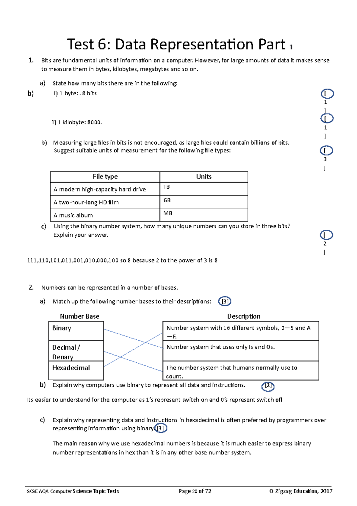 Worksheet 6 1 marked - work - Test 6: Data Representation Part 1. Bits ...