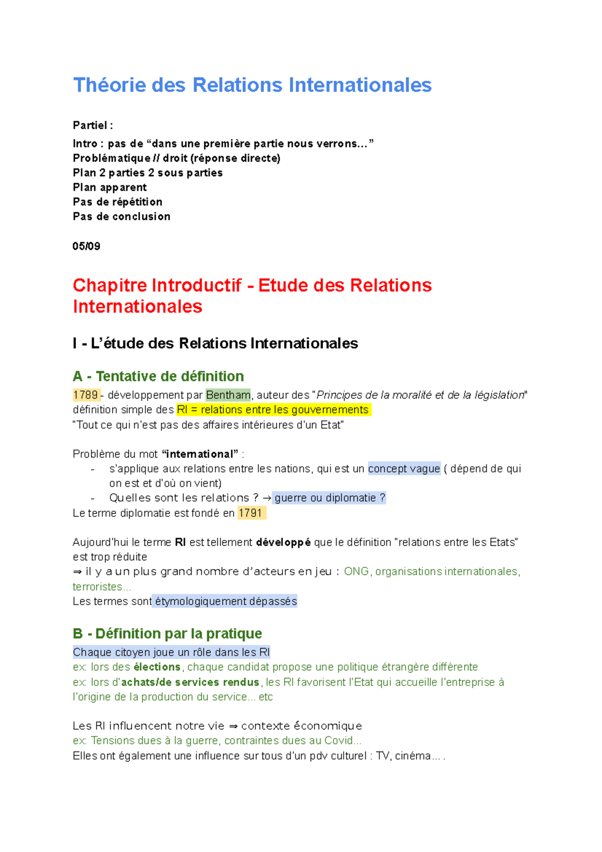 Théorie des Relations Internationales - Théorie des Relations Internationales Partiel : Intro ...