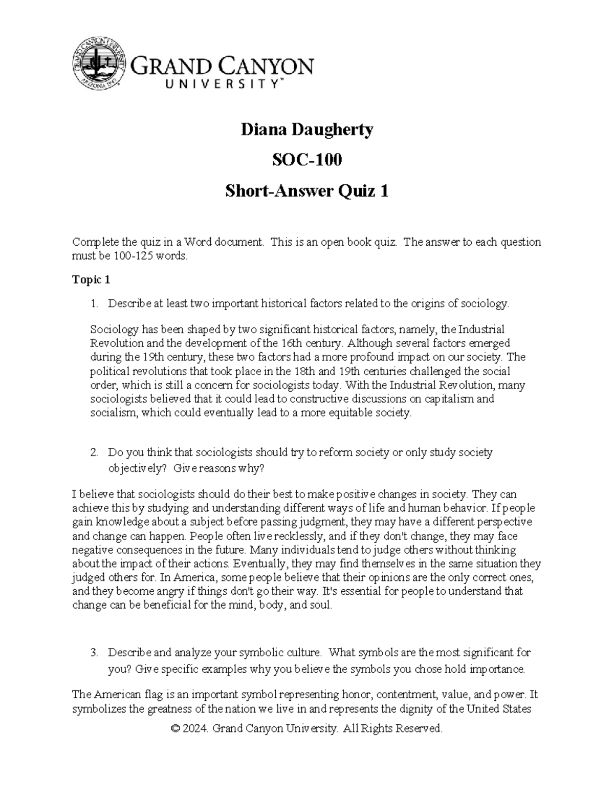 Assignment Quiz 1 - Diana Daugherty SOC- Short-Answer Quiz 1 Complete ...