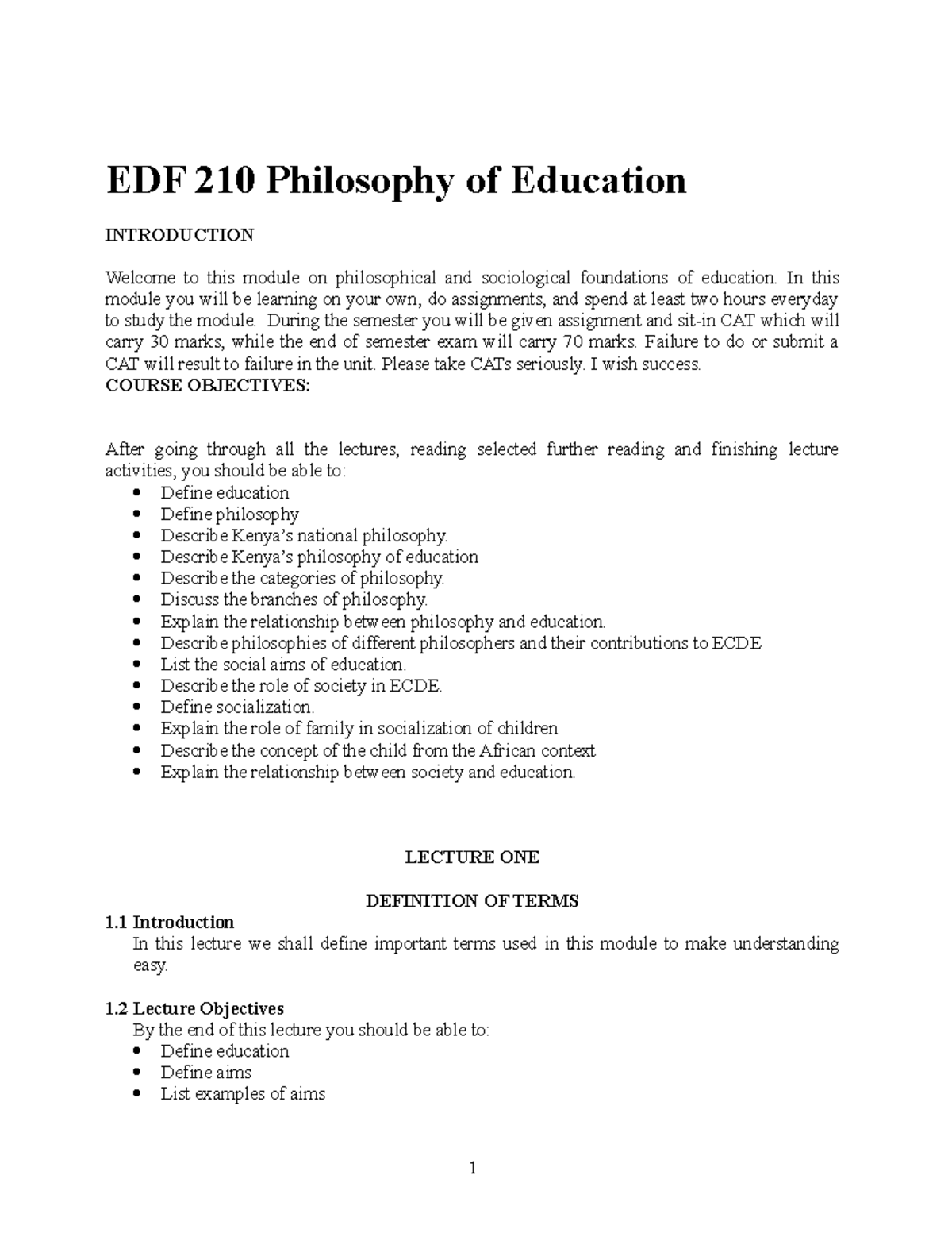 EDF Philosophy of Education-1 - EDF 210 Philosophy of Education INTRODUCTION Welcome to this ...