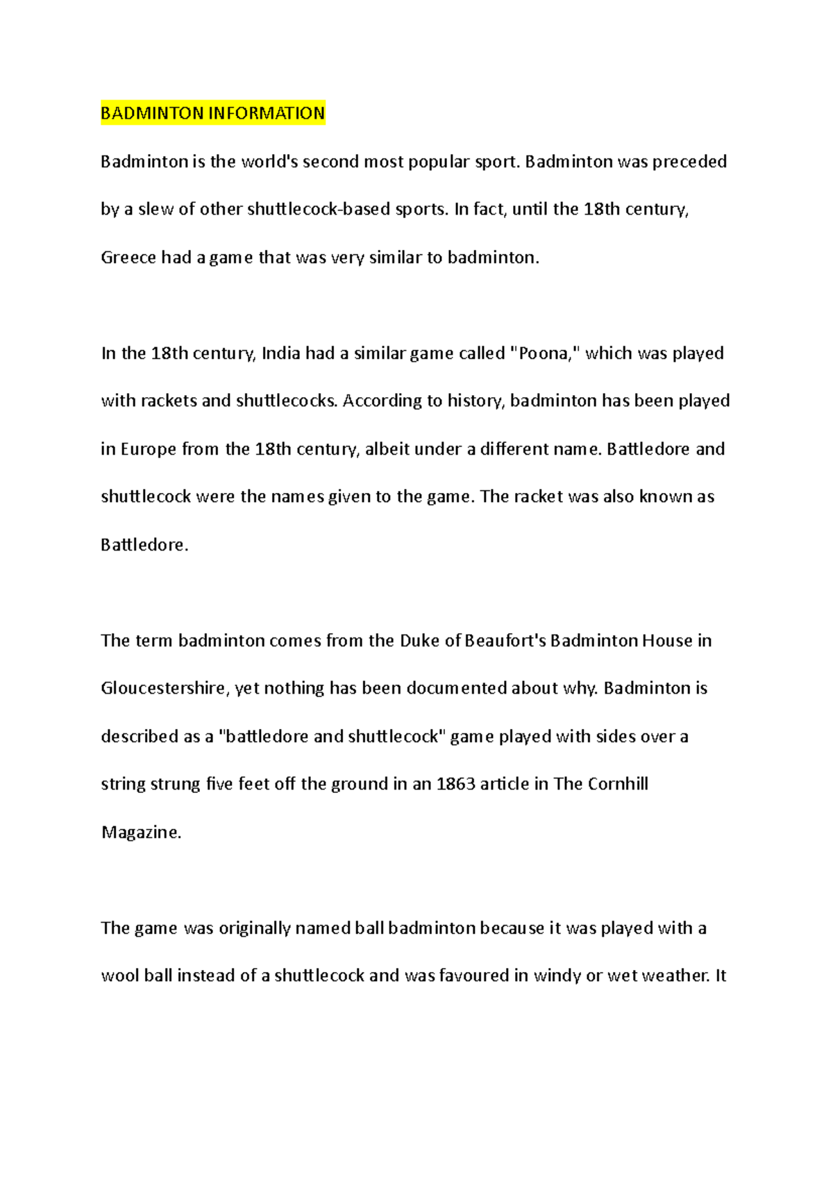 PE1 Badminton - BADMINTON INFORMATION Badminton is the world's second ...