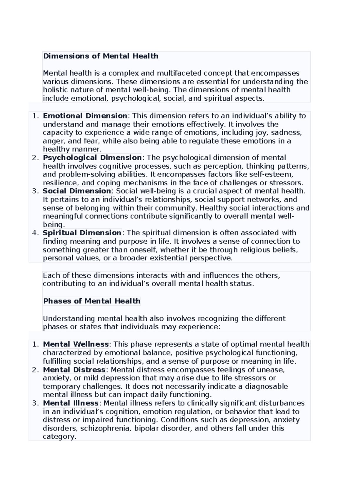 Dimensions of Mental Health - Dimensions of Mental Health Mental health ...