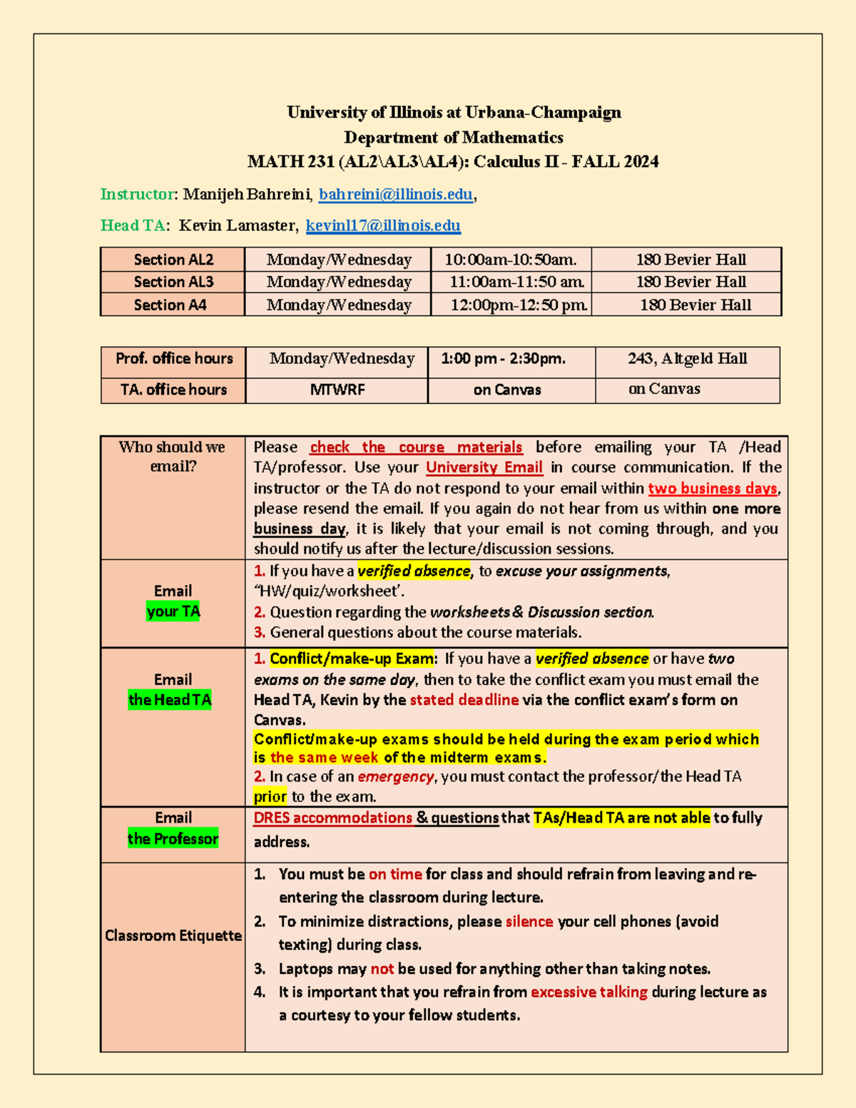 Syllabus Fall 24 - Math 231 -UIUC - University of Illinois at Urbana-Champaign Department of ...
