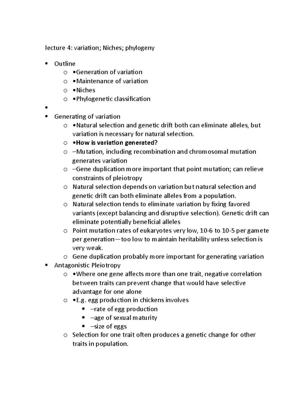 Lecture 4- variation; Niches; phylogeny - o • How is variation ...