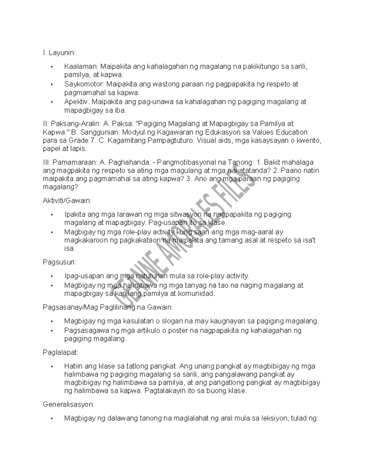 Pagiging Magalang at Mapagbigay sa Pamilya at Kapwa - I. Layunin ...