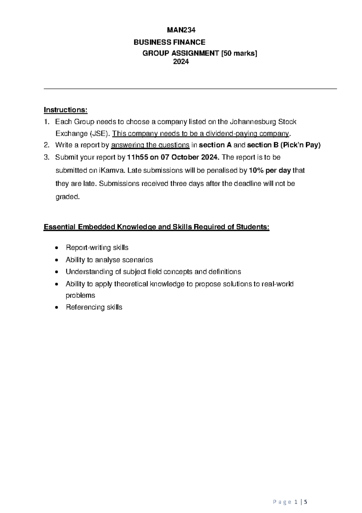 MAN234 Group Assignment - MAN 234 BUSINESS FINANCE GROUP ASSIGNMENT [50 marks] 2024 Instructions ...