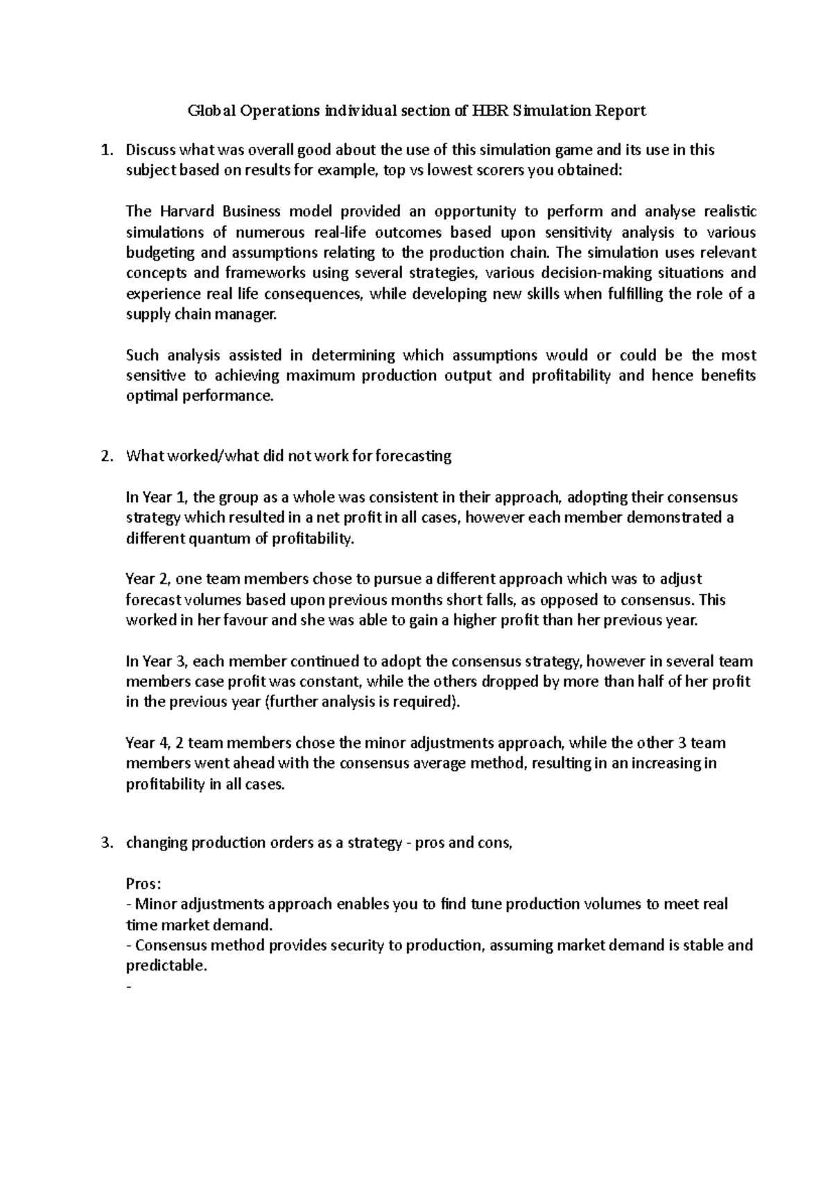 Individual section of HBR Simulation Report - Global Operations ...