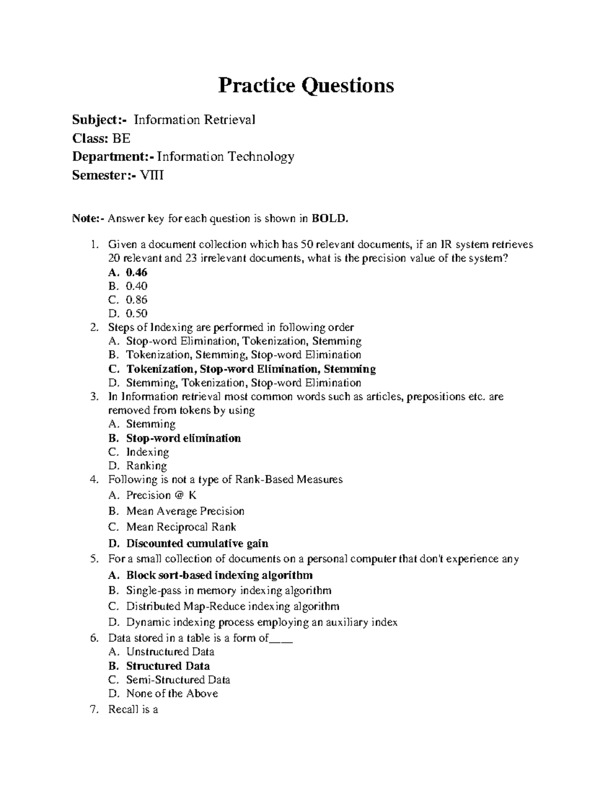 information retrieval MCQ - Practice Questions Subject:- Information ...