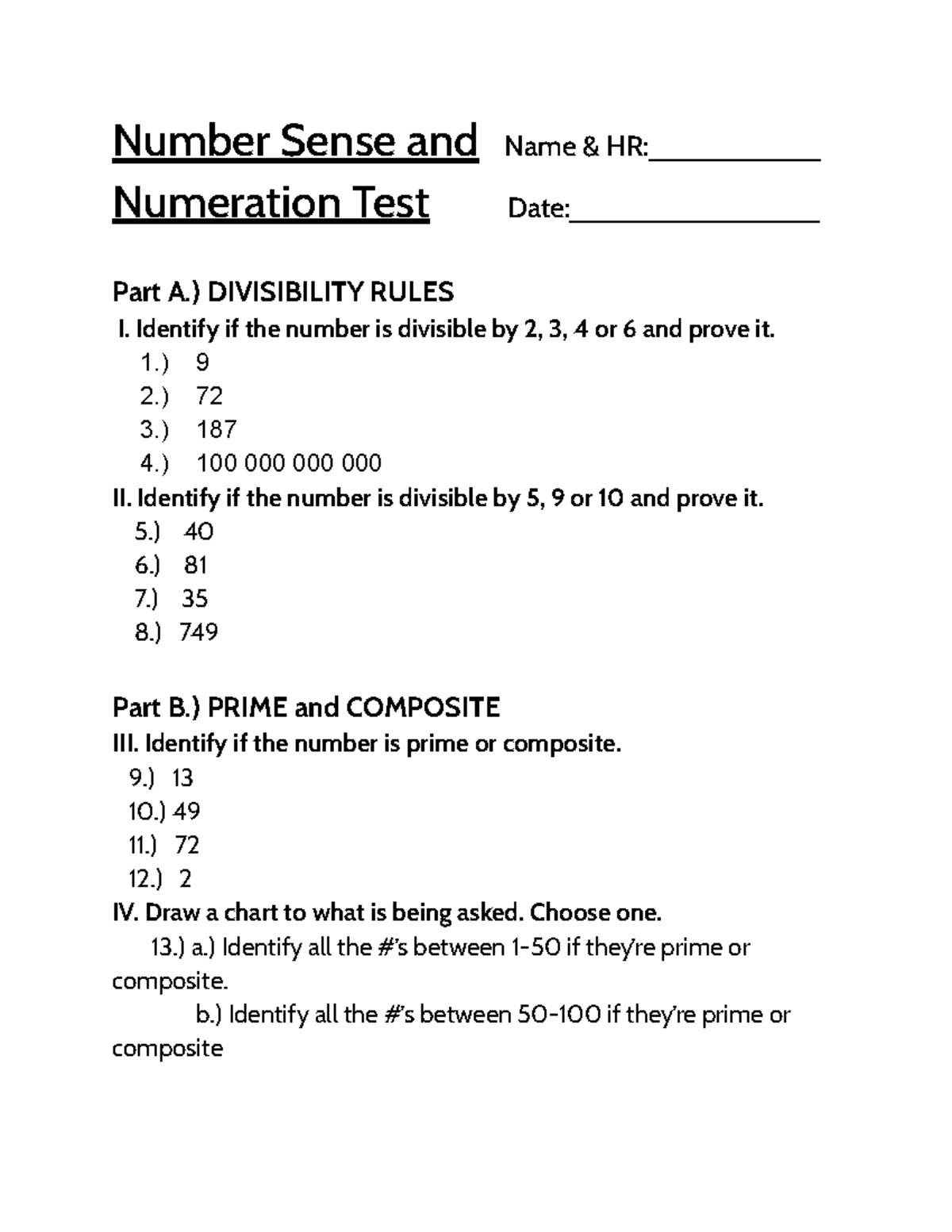 Number Sense Test - Number Sense and Name & HR:___________ Numeration ...