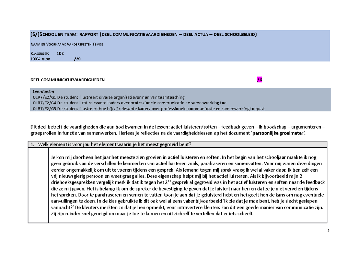Examenopdracht-school-en-team Femke-Vanderspeeten versie AUG - (S/)SCHOOL EN TEAM: RAPPORT (DEEL ...