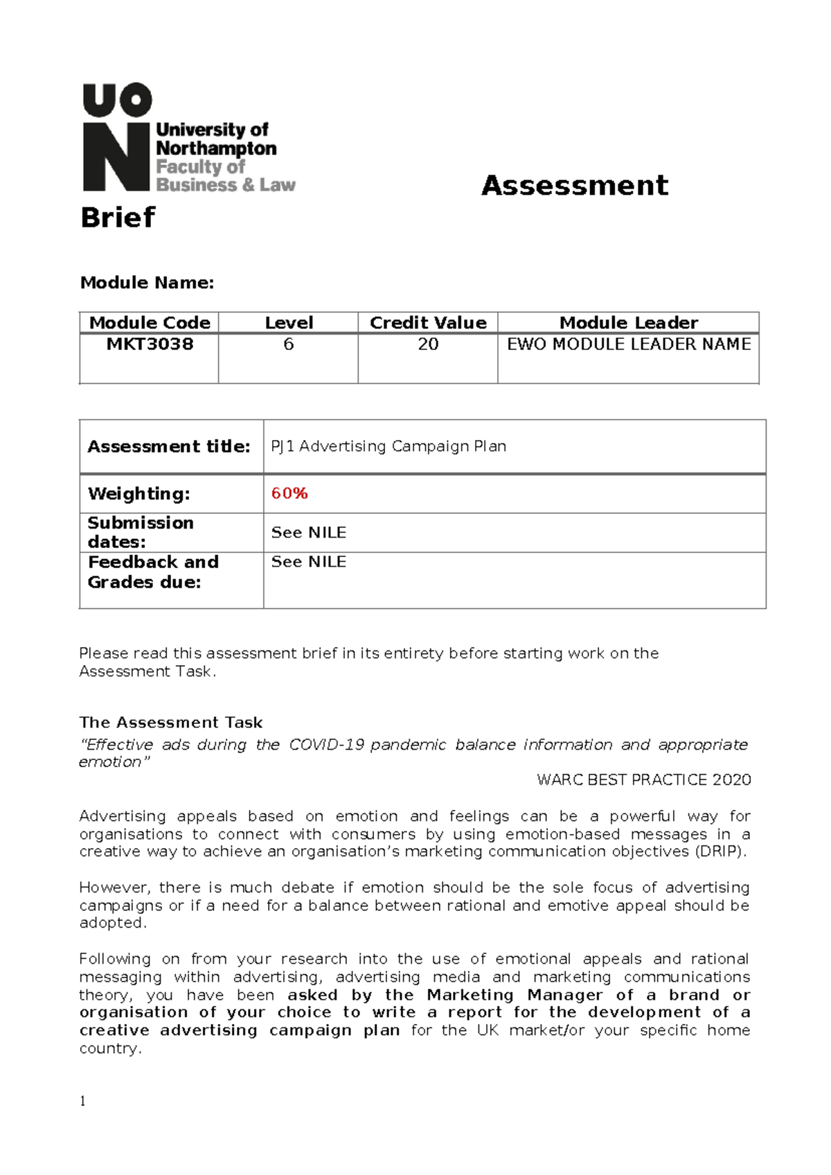 PJ1 Assessment Brief - For NO only - Assessment Brief Module Name: Module Code Level Credit ...