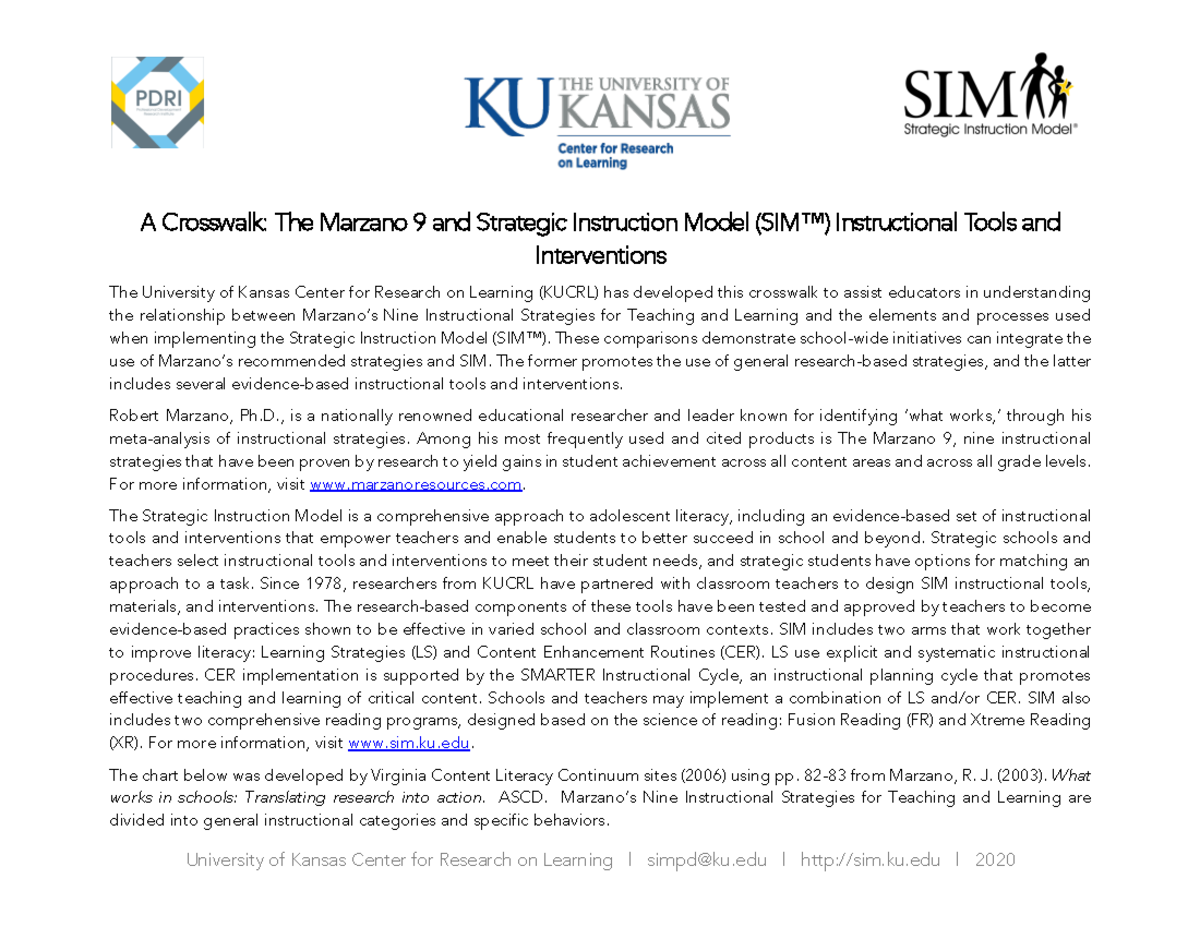 Marzano and SIM Crosswalk 2020-1 - A Crosswalk: The Marzano 9 and ...