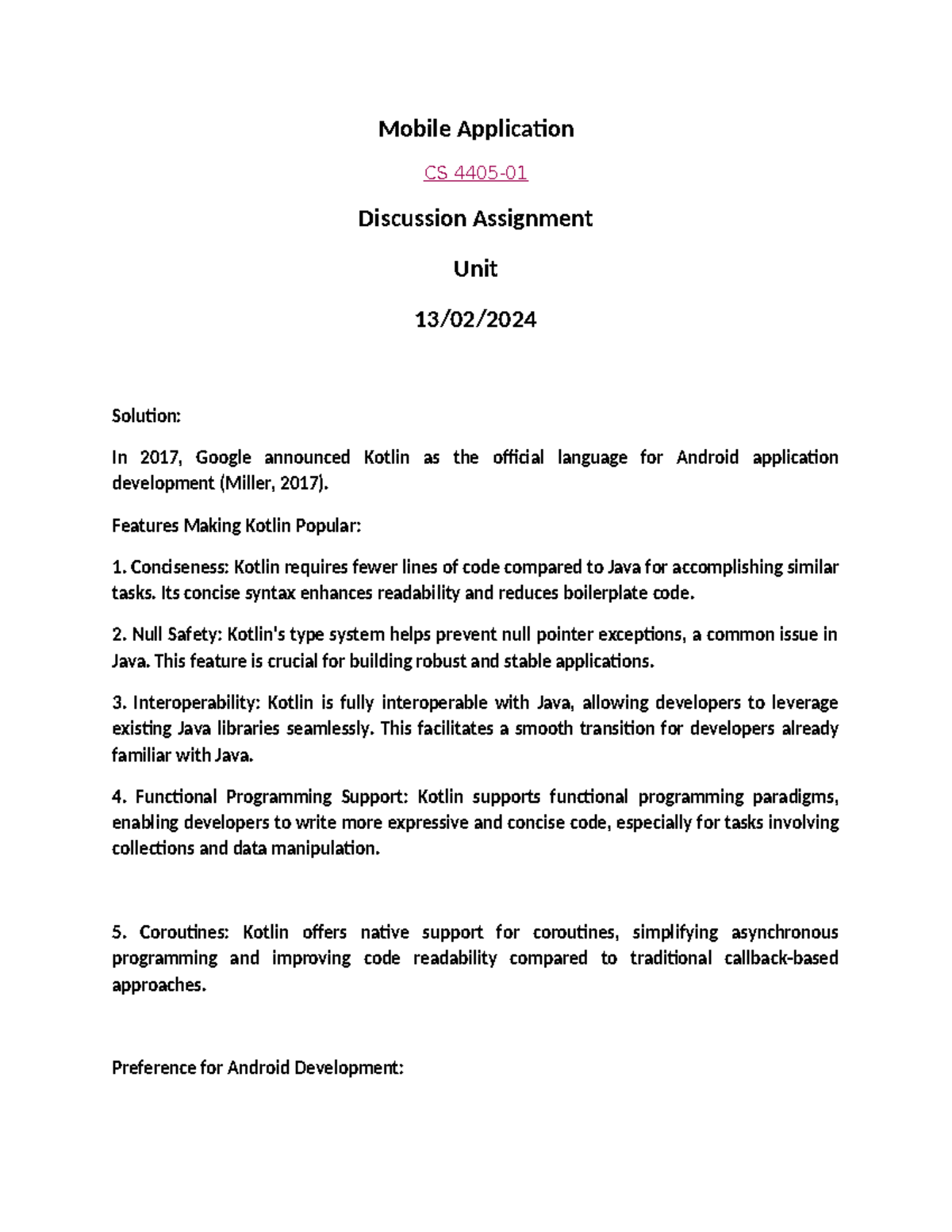 Mobile Application Discussion Forum Unit 2 - Mobile Application CS 4405- Discussion Assignment ...