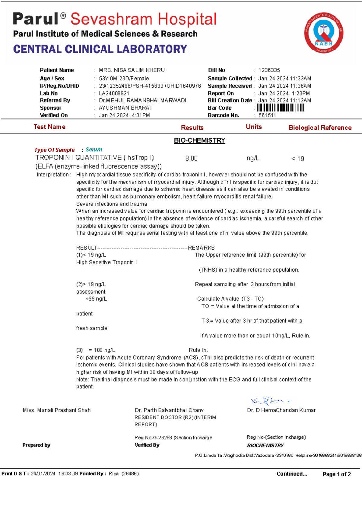Mrs. NISA Salim Kheru - Patient Name : MRS. NISA SALIM KHERU Bill No ...