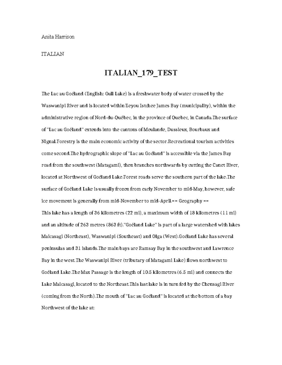 Italian 179 TEST - Anita Harrison ITALIAN ITALIAN_179_TEST The Lac au ...