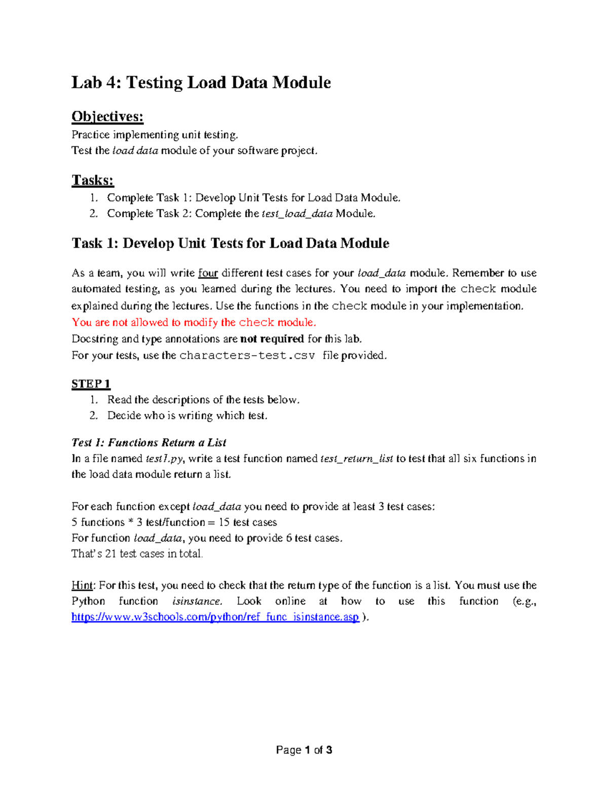 Lab 4 Testing Load Data Module Page 1 Of 3 Lab 4 Testing Load Data Module Objectives