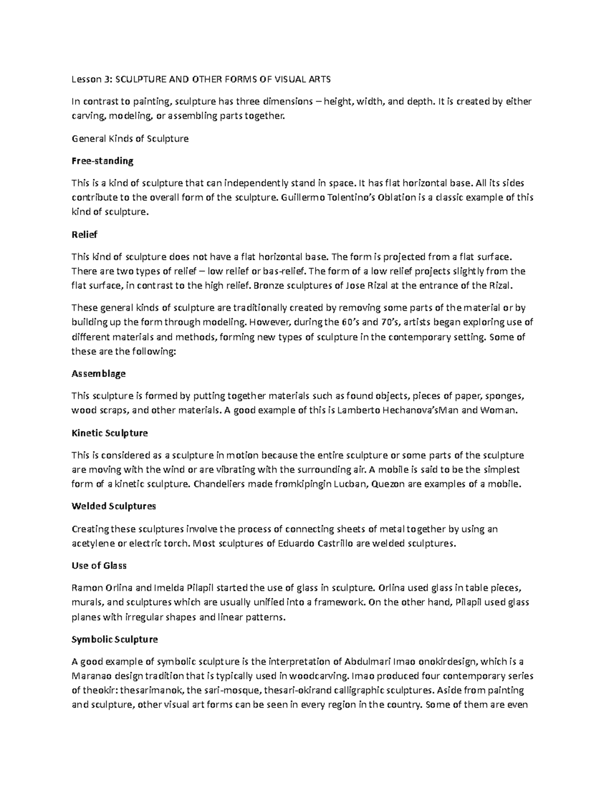 Lesson 3 - ... - Lesson 3: SCULPTURE AND OTHER FORMS OF VISUAL ARTS In ...