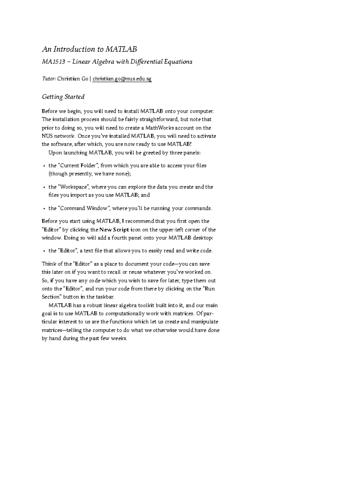 Matlab Commands An Introduction To Matlab Ma1513 Linear Algebra 7730