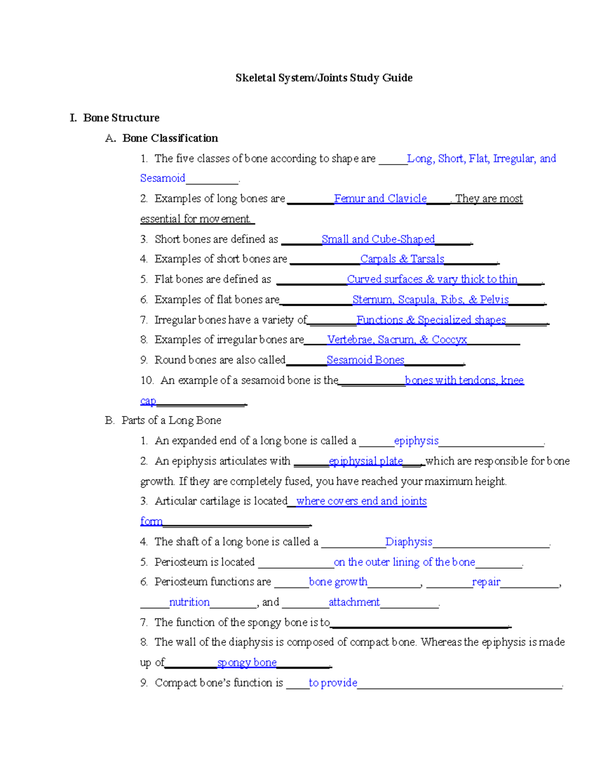 Skeletal System Study Guide - Skeletal System/Joints Study Guide I ...