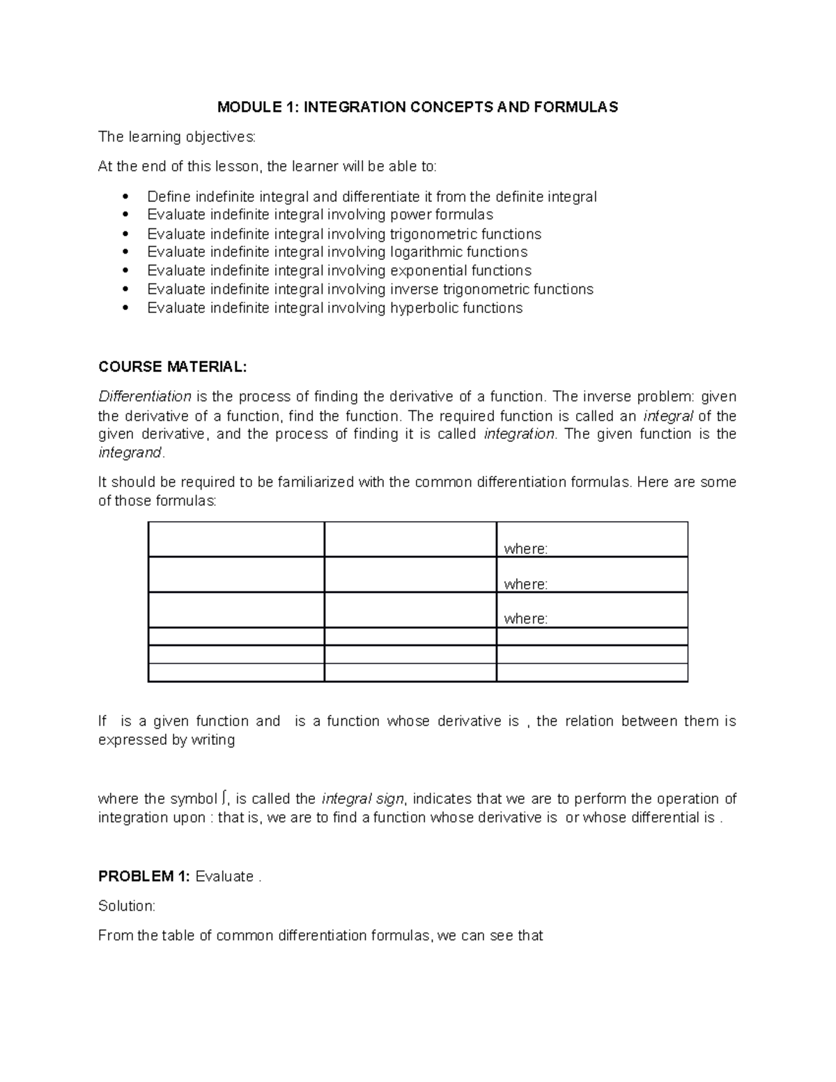 Module 1 - Introduction to Integral Calculus (Indefinite Integrals ...
