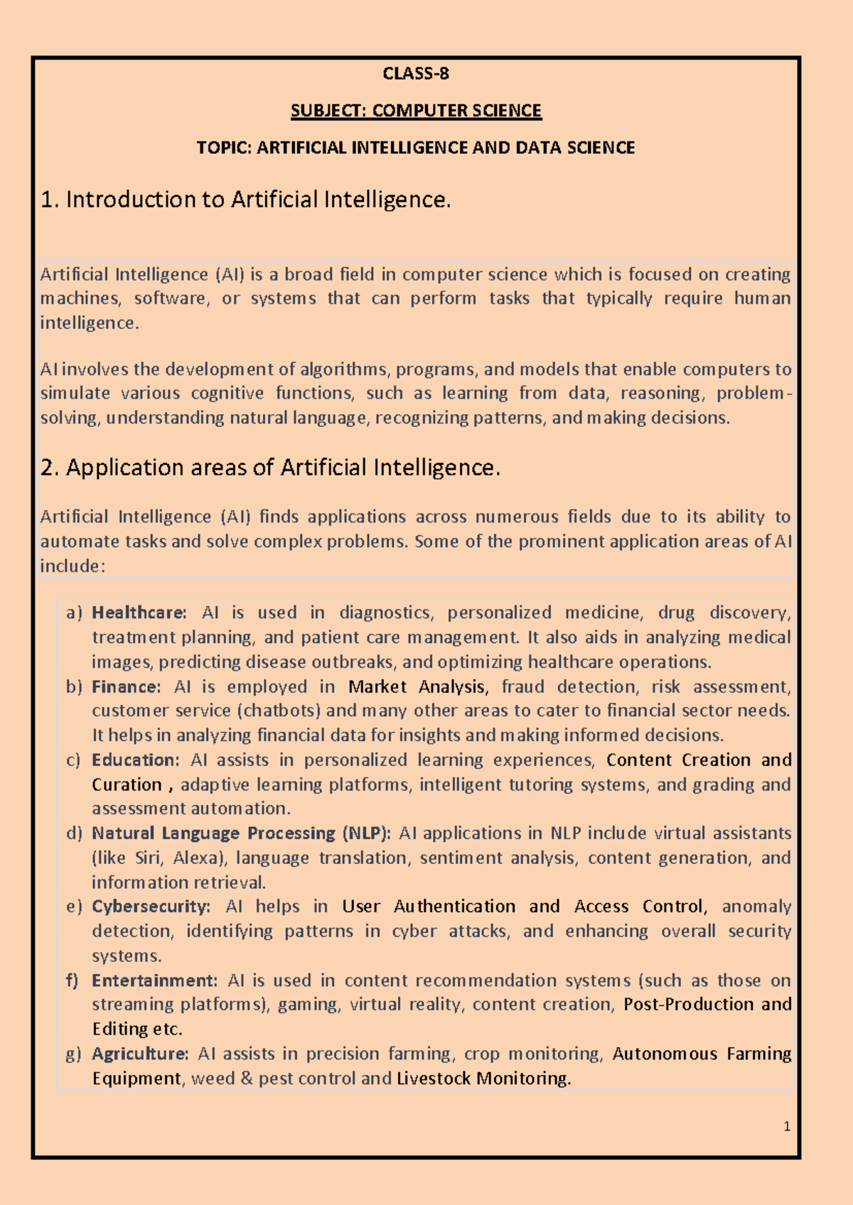 Notes- Artificial Intelligence Class 8 - CLASS- SUBJECT: COMPUTER ...