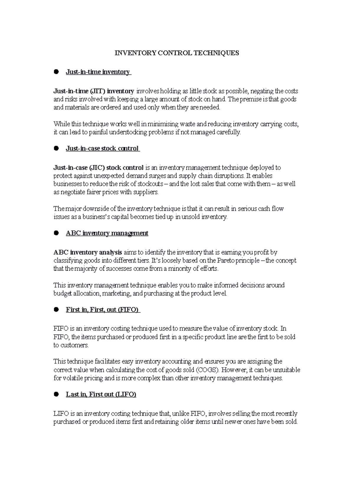 BPL group assignment - INVENTORY CONTROL TECHNIQUES Just-in-time inventory Just-in-time (JIT ...