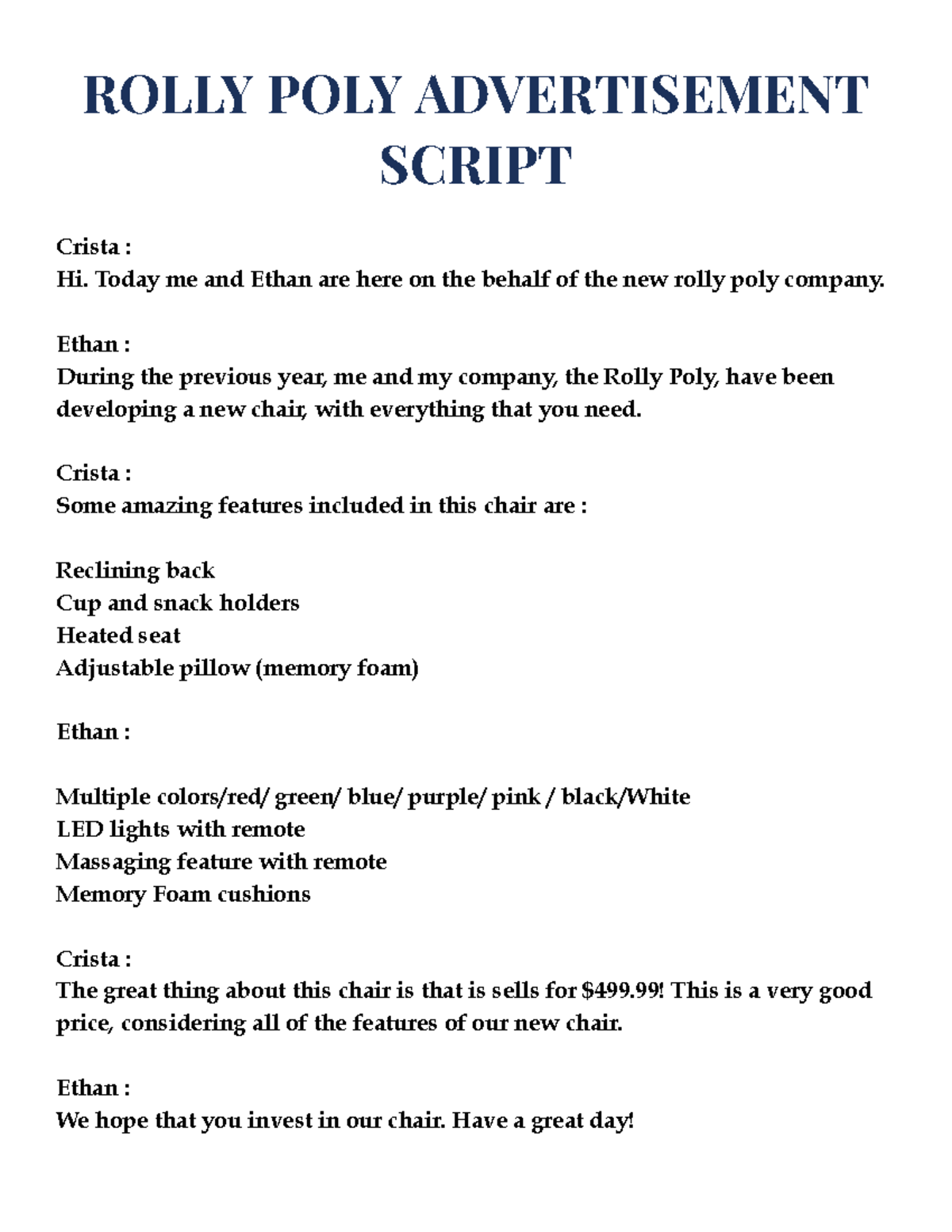 Rolly POLY Advertisement Script - ROLLY POLY ADVERTISEMENT SCRIPT ...