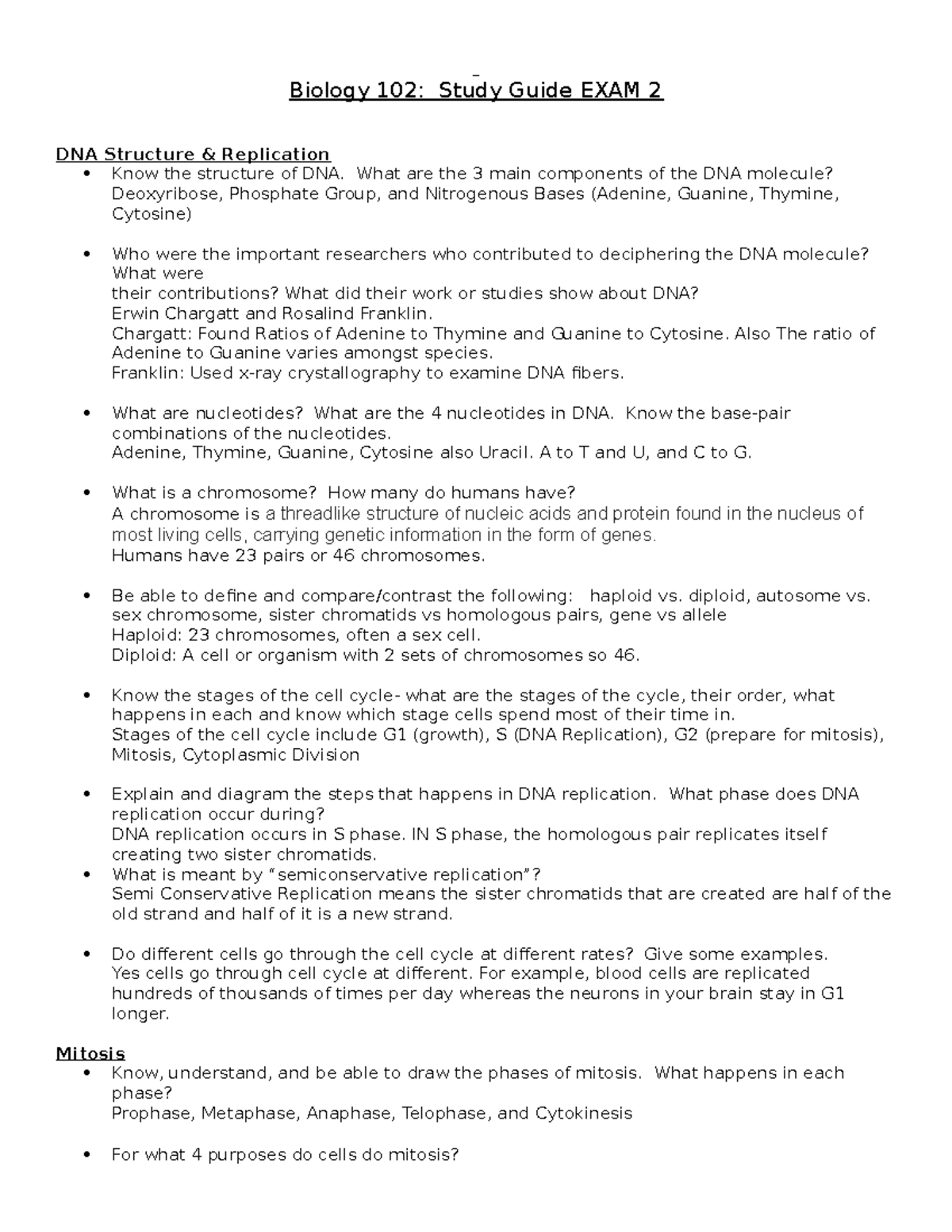 102 Study Guide Exam 2 Thakur - Biology 102: Study Guide EXAM 2 DNA ...