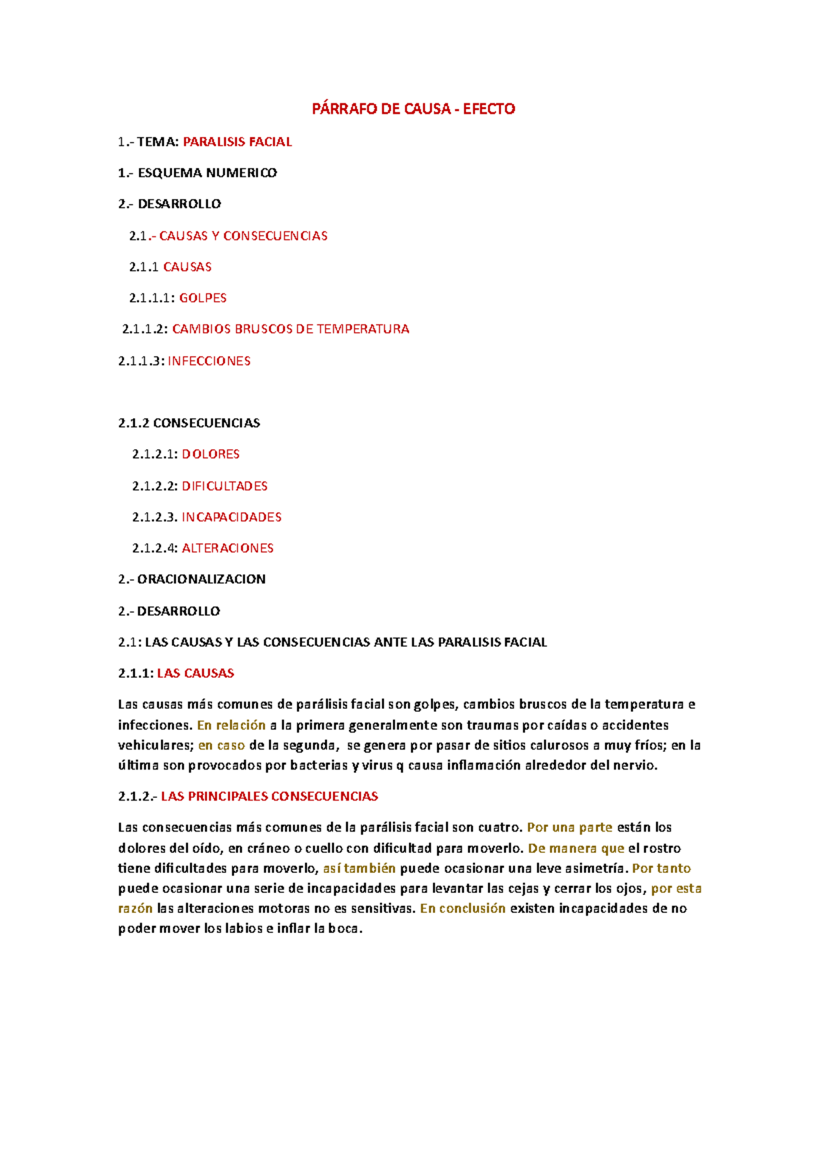Causaefecto - Parrafo - PÁRRAFO DE CAUSA - EFECTO 1.- TEMA: PARALISIS ...