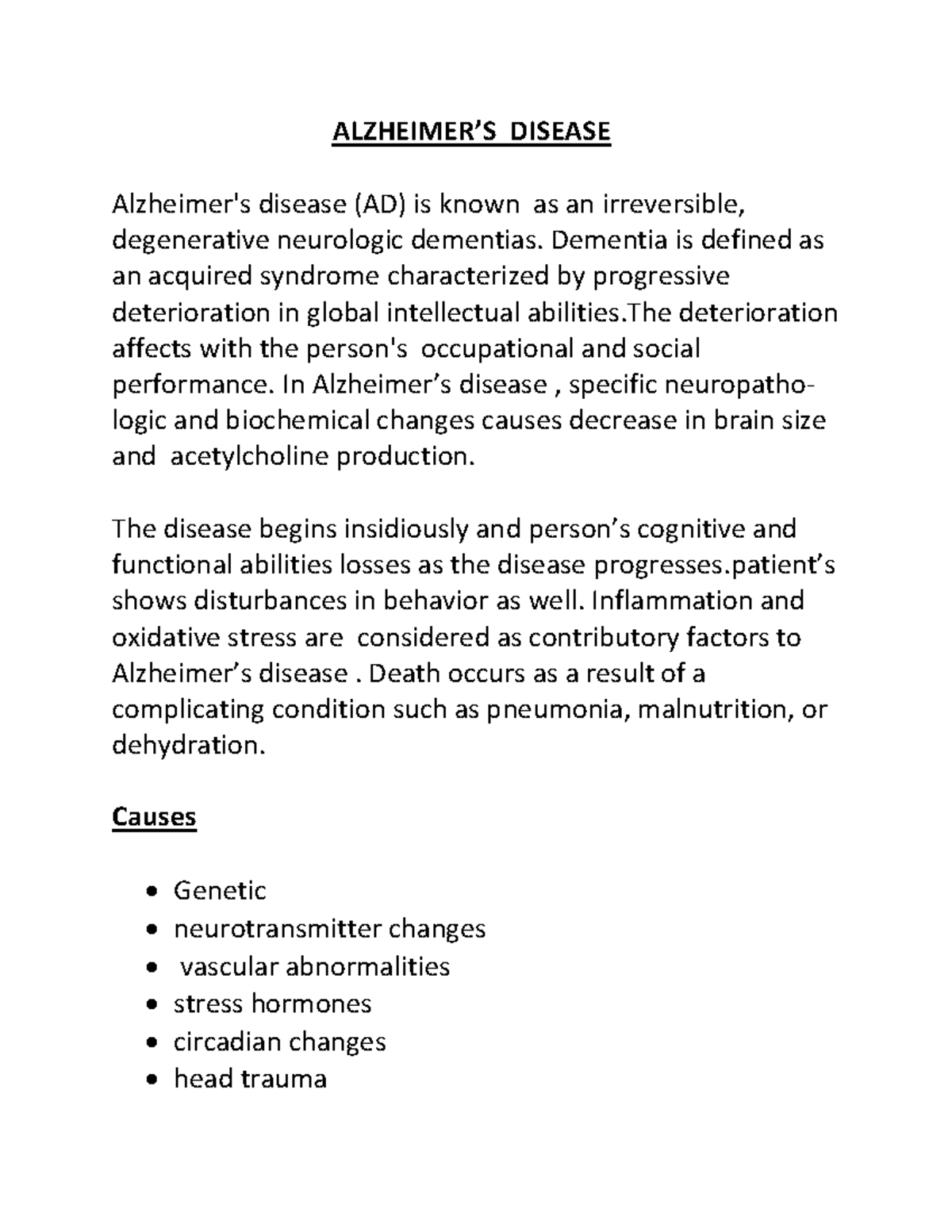 Alzheimer’S Disease - This study material is for nursing students to ...
