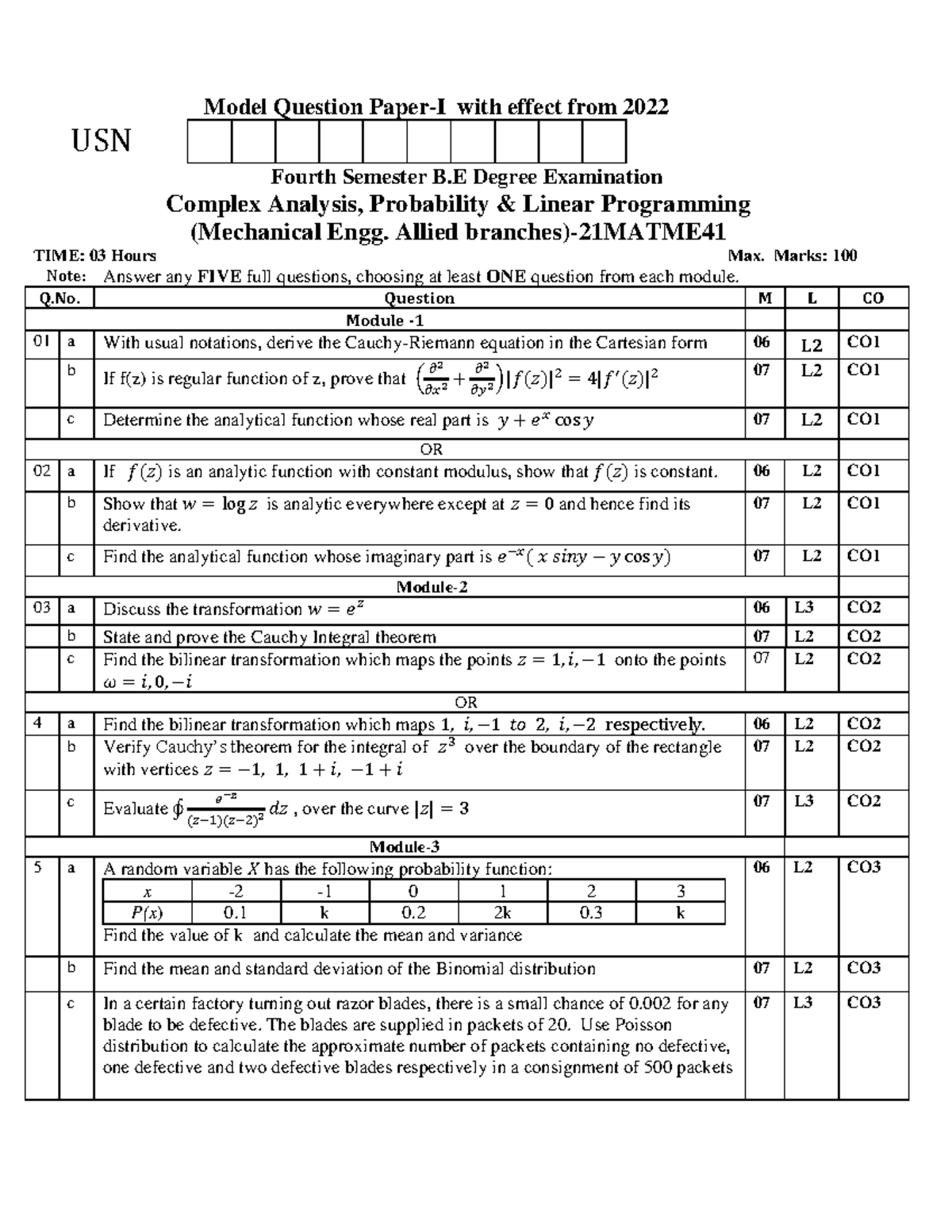 Model Question Paper 1 21 Matme 41 for Mechanical Engg - Model Question ...