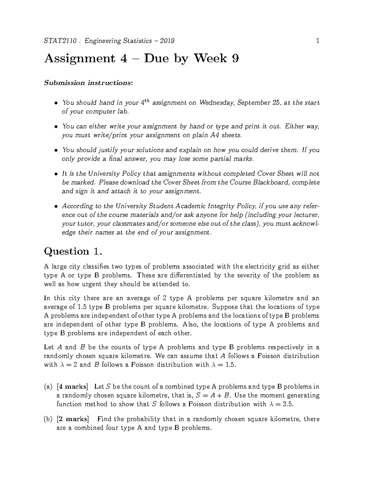 Assignment 4-q - STAT2110 : Engineering Statistics – 2019 1 Assignment ...