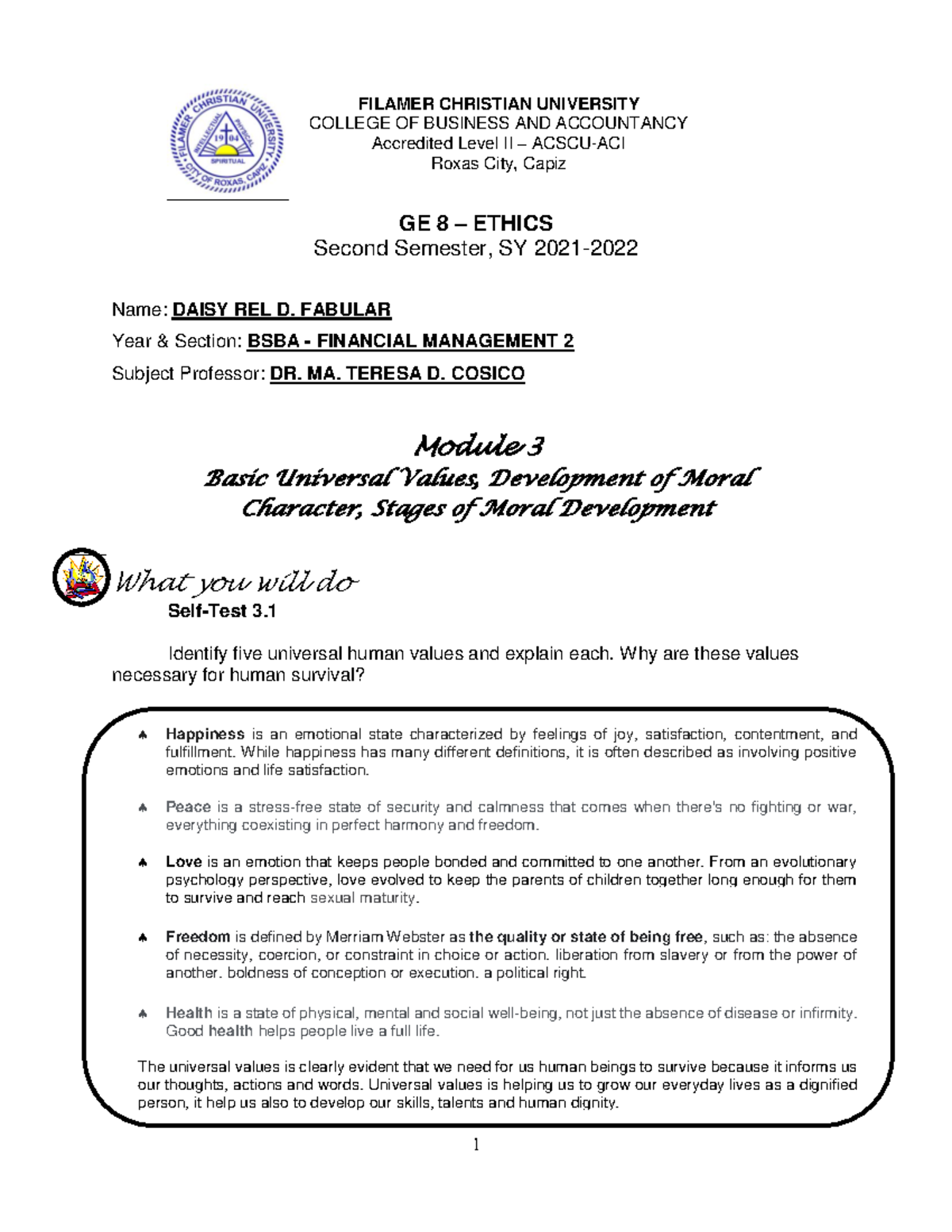 GE 8 -ETHICS Assignment 3 2ND YEAR - GE 8 – ETHICS Second Semester, SY ...