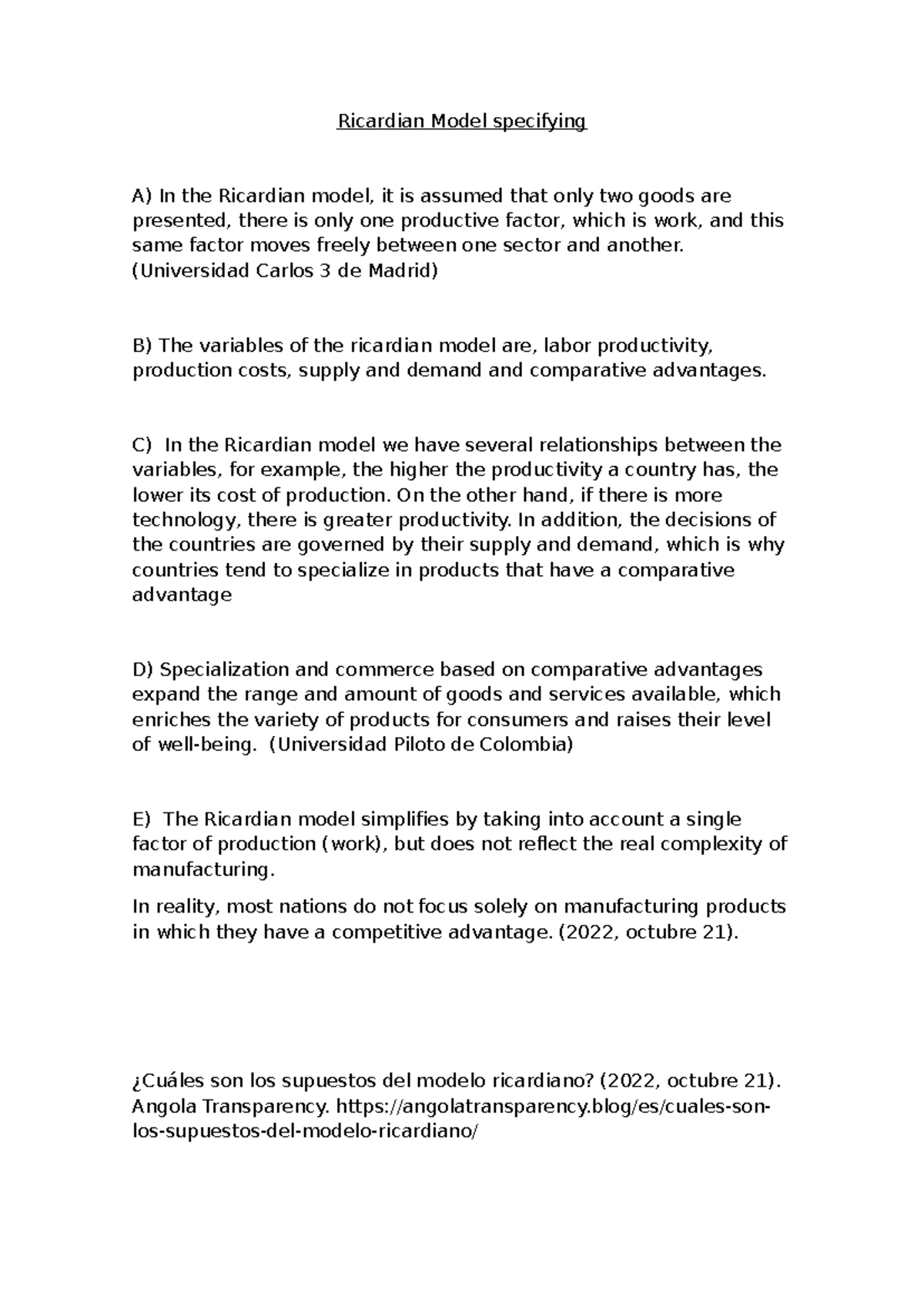 Ricardian Model specifying - (Universidad Carlos 3 de Madrid) B) The ...