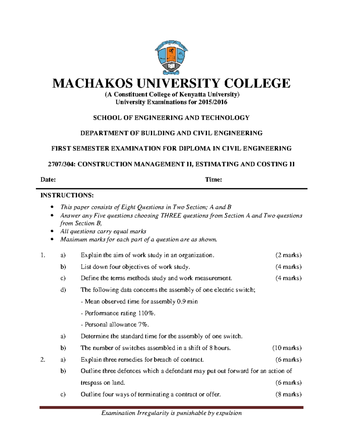 Construction Management II Estimating AND Costing II - Examination ...