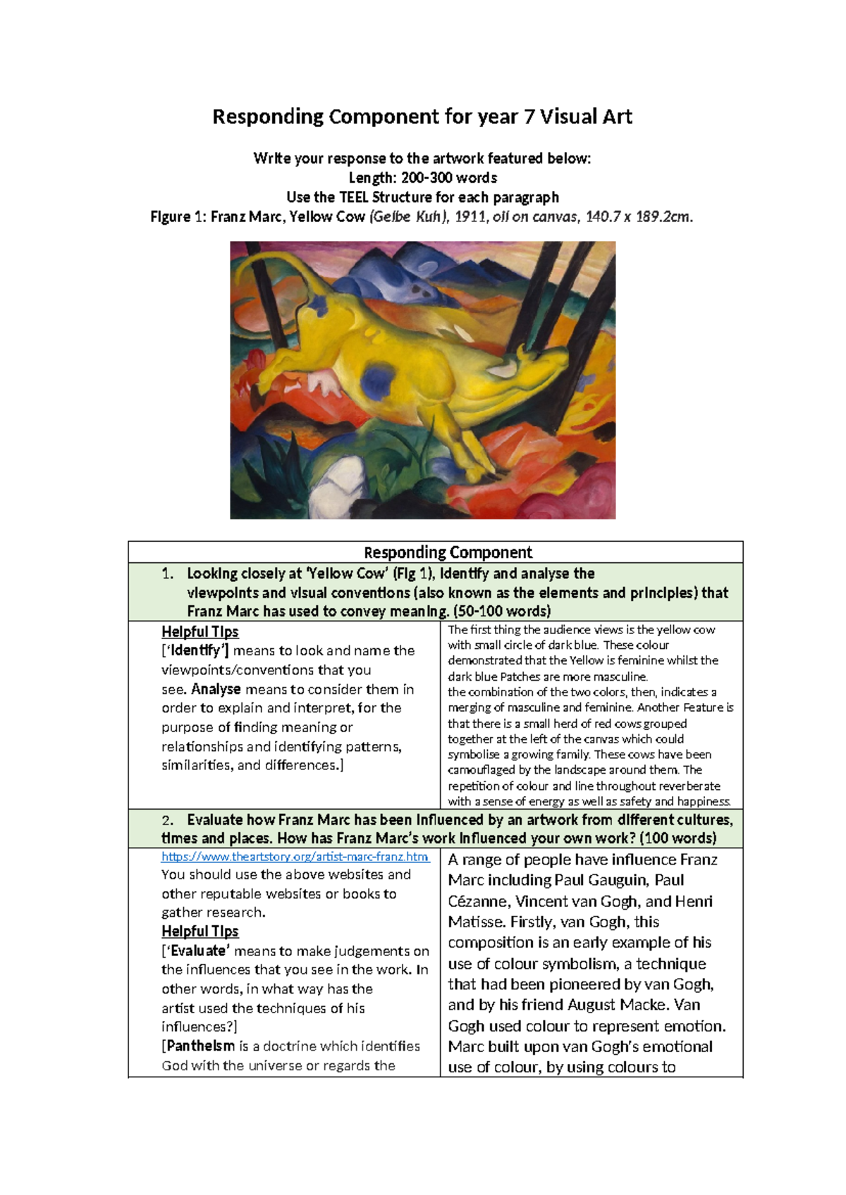 Art final - Responding Component for year 7 Visual Art Write your ...